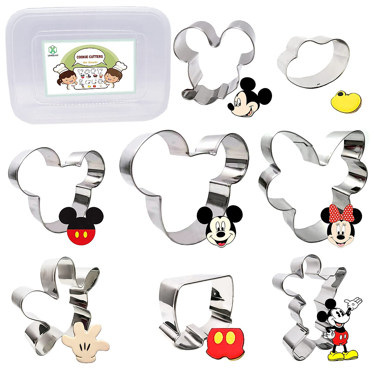 XUNMEINT Mickey Mouse Cookie Cutter Set with Storage Box, Mickey Head, Minnie, Glove, Shoe, Shorts, Mickey Shapes Sandwich Cutter, 8 Pcs DIY Bento Lunchbox Box Fruit Vegetable Cutters for Kids