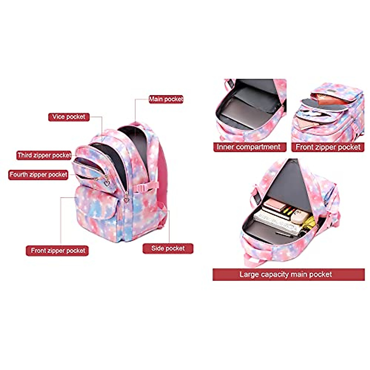 JiaYou School Backpack Sets 3pcs Stars Prints Daypack For Teens Girls Primary School Students(Pink Stars,22 Liters)