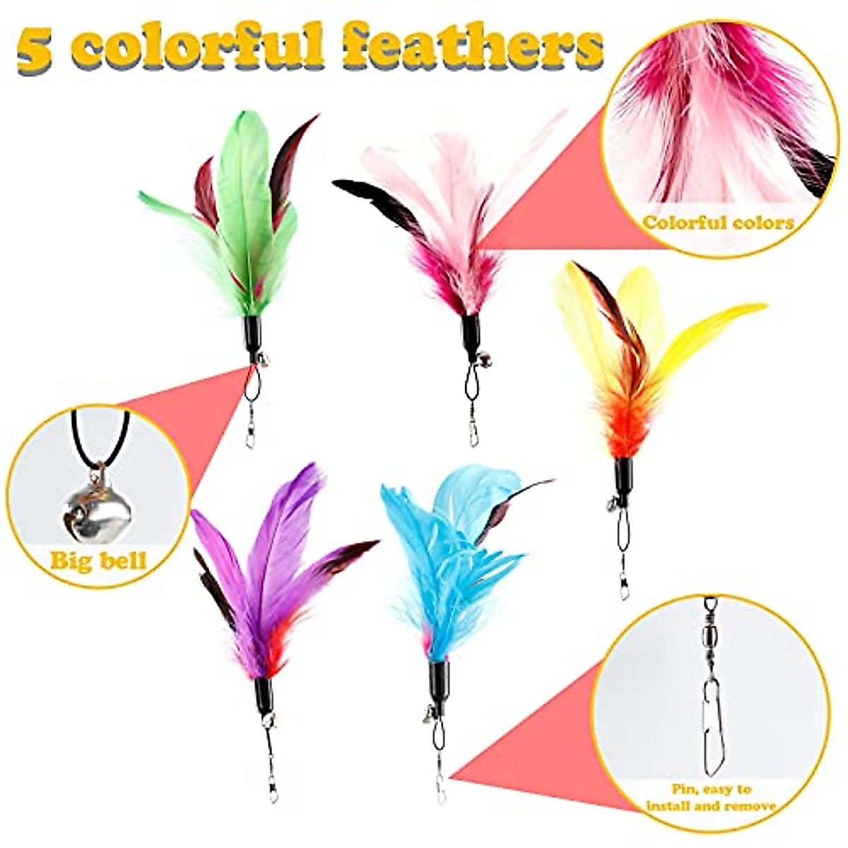 Cat Feather Toys Interactive Cats - Dorakitten Cat Powerful Suction Cup Handheld Teaser Wand Toy and 5PCS Replacement Feather with Bell for Kitty Kitten Scratching Exercise Indoor