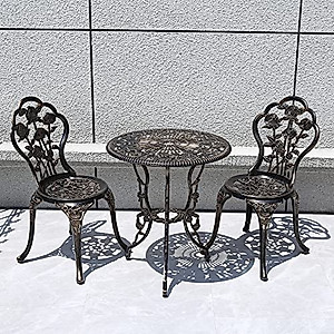 KAI LI 4-Piece Balcony Tables and Chairs, 1 Table, 2 Round Chairs and 1 Bench, Metal cast Aluminum, Bistro Suit, Garden Bench, Rose Pattern (Bronzed)