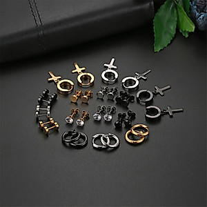 OIDEA 15 Pairs Earrings for Men: Stainless Steel Earrings Stud Kit for Men Women Fashion Piercing Jewelry Cross Dangle Hoop Earrings Set Gifts