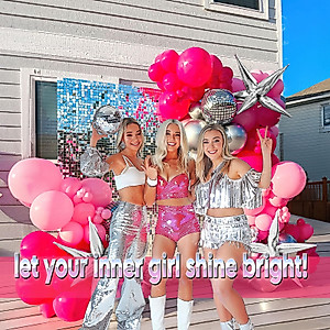 yeewaka Hot pink and silver disco balloon arch garland kit 150pcs with disco ball star mylar balloon for back to 80s 90s DiscoTheme prom Women 30th Birthday last rodeo bachelorette party decorations