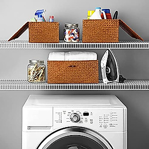 YIFANZHIBIAN Multifunction Seagrass Basket, Woven Storage Baskets, Handwoven Rectangular Straw Basket, Stackable and Hyacinth Basket with Lid for Home Organization (Large, Caramel Color)