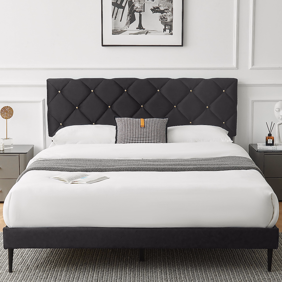 AsKmore Queen Size Bed Frame,Velvet Upholstered Platform with Headboard and Strong Wooden Slats,Non-Slip and Noise-Free,No Box Spring Needed, Easy Assembly,Black