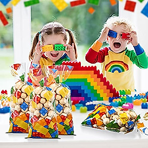 100 Pcs Building Block Cellophane Treat Bags, Color Bricks Theme Building Block Candy Goodie Bags Plastic Party Favor Bags with 100 Silver Twist Ties for Birthday Party Supplies (Clear Background)