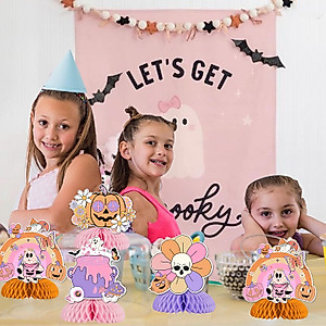 kreat4joy 8pcs Groovy Halloween Honeycomb Centerpieces, Halloween Baby Shower Birthday Decorations Honeycomb Centerpieces Double Sided Printing for Spooky One Two Spooky Four Ever Spooky Party