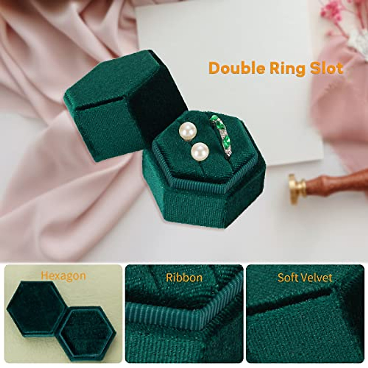 Smileshe Ring Box, Velvet Jewelry Boxes for Proposal Engagement Wedding Ceremony, Hexagon Mini Double Ring Slot Bearer Case with Detachable Lid