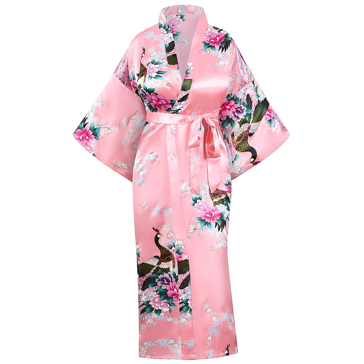 Heone Japanese Long Kimono Satin Peacock Printed Lightweight Cardigan Jacket Coat Loose Yukata Cloak Bathrobe Tops folding fans Tabi Socks Set(Coralred XL-5XL)