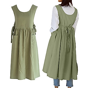 losofar Women Plus Size Cotton Linen Vintage Pleated Split Apron Pinafore Dress with Two Pockets (green, 43.4" L)