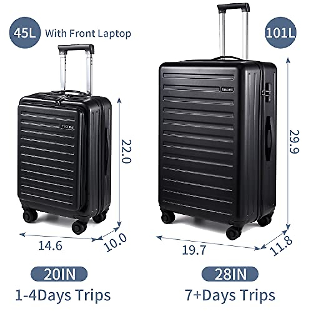 TydeCkare 2 Piece 20/28" Suitcase Sets, Only 20" with Front Pocket, Lightweight ABS+PC Suitcase Hardshell Carry Ons with TSA Lock & Spinner Silent Wheels, Black