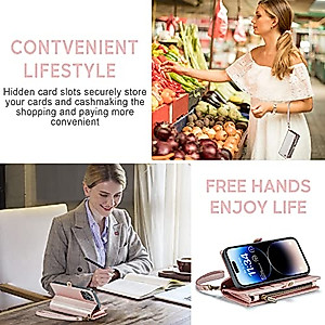 asapdos iPhone 14 Pro Case Wallet,Retro Suede PU Leather Strap Wristlet Flip Case with Magnetic Closure,Card Holder and Kickstand for Men Women(Rose Gold)