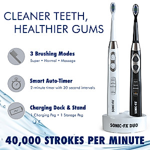 Sonic-FX Duo Rechargeable Electric Toothbrush Set - with 14 Brush Heads, 3 Modes, Smart Auto-Timer, Charging Dock Holder - Dual Handle Electric Tooth Brush for Adults & Kids, Black and White