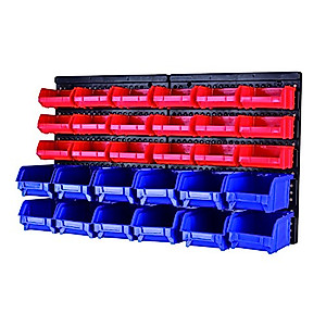 MaxWorks 80694 30-Bin Wall Mount Parts Rack/Storage for your Nuts, Bolts, Screws, Nails, Beads, Buttons, Other Small Parts,Blue and Red