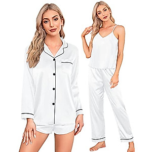 SWOMOG Women's 7 Pcs Silk Satin Pajamas Set Long Sleeve Button Down Sleepwear Cami Shorts Pjs Set with Eye Mask (as1, alpha, x_l, regular, regular, White)