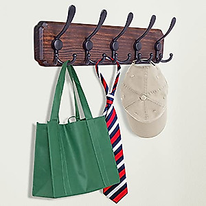 Coat Rack Wall Mount - 5 Double Metal Coat Rack Hooks Set of 2, Wall Mounted Coat Rack Heavy Duty Set 2, Rustic Wooden, Coat Hat Key for Entryway, Closet Room, Bathroom, Bedroom (Brown)