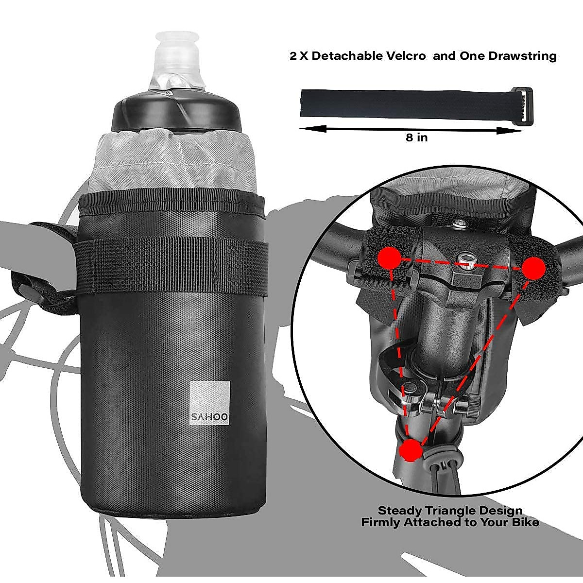 Sahoo Bike Cup Holder - Universal Insulated Velcro Bike Handlebar Water Bottle Drink Cup Holder with Cord Lock for Bike, Boat, Scooter, Bicycle Cup Holder for UTV/ATV, Walker, Golf Cart and Beach