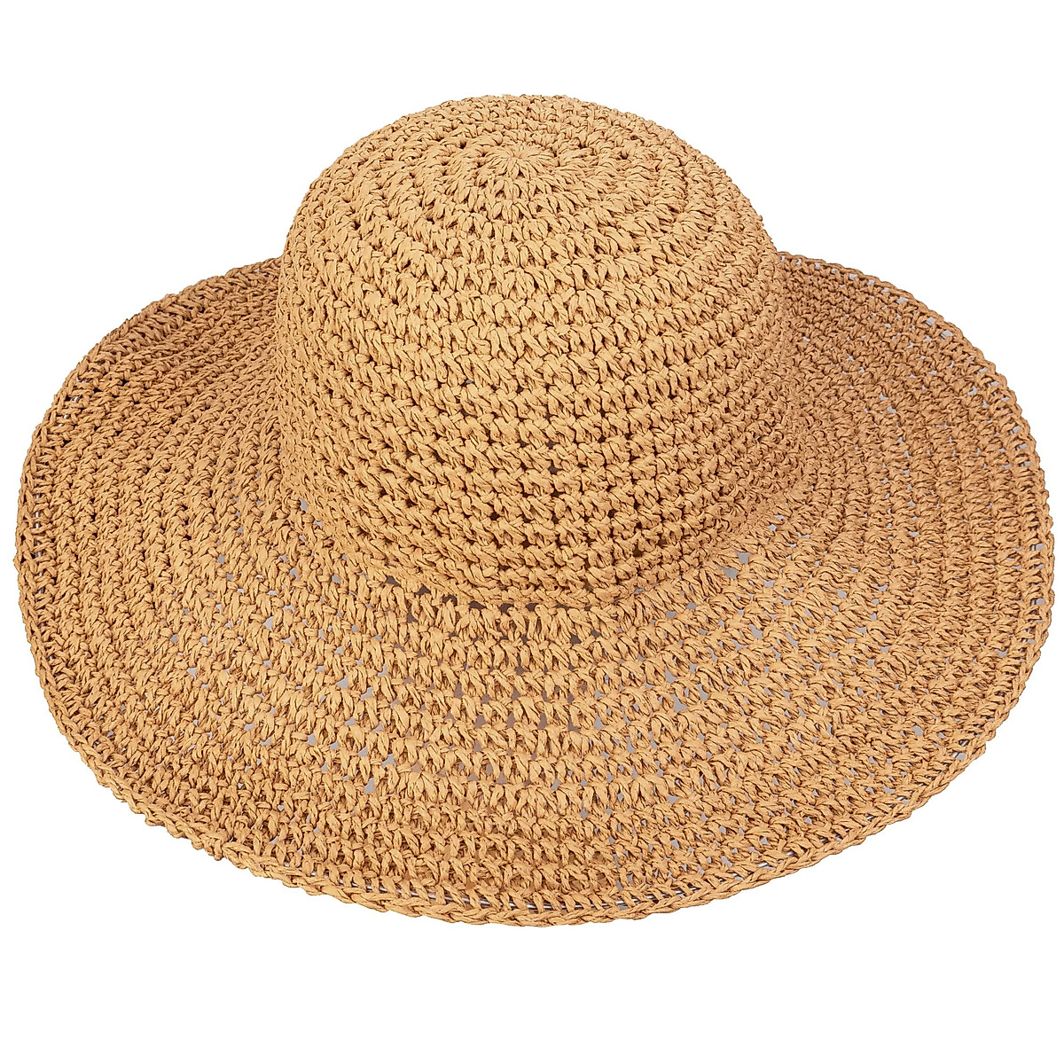 Women Crochet Floppy Straw Hat Soft Beach Sun Hat Travel Large Lady Bucket Hat Summer Foldable Medium Khaki