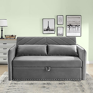 SumKea Loveseat Sleeper USB Port Pull Out Couch with Nailhead Trim, 3 in 1 Sofa Bed Adjustable Backrest with 2 Pillows, Grey