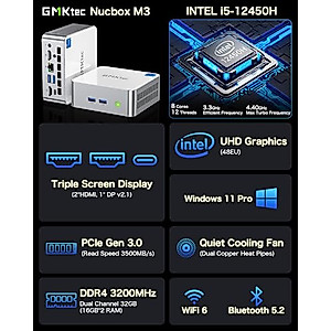 GMKtec Mini PC Intel i5-12450H(Turbo 4.4 GHz) 32GB DDR4 1TB M.2 NVMe SSD, Windows 11 Pro Mini Computers, USB 3.2, Type-C/WiFi 6, BT5.2, RJ45 2.5G/ 4K Triple Display Desktop PC