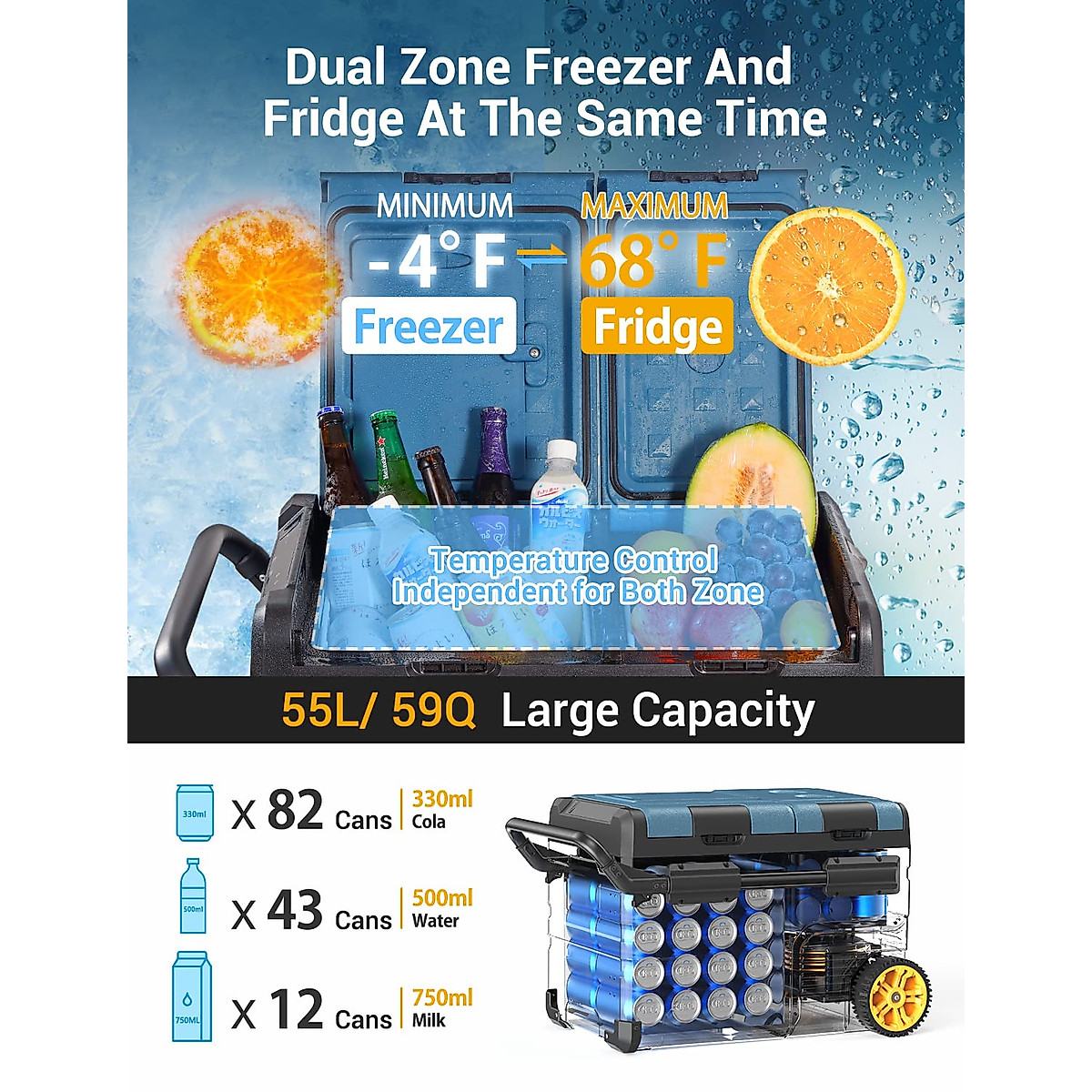 Rock&Rocker 12 Volt Car Refrigerator,59 Quart (55L) 12v Portable refrigerator,Car Fridge Freezer, -4℉-68 Car Cooler 12/24V DC and 100-240V AC for RV, Outdoor Camping APP Control