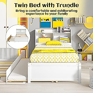 Olela Twin Bed with Trundle Bookshelf, Platform Twin Bed with Trundle with Bookcase Storage for Girls Boys, No Need Box Spring (White)