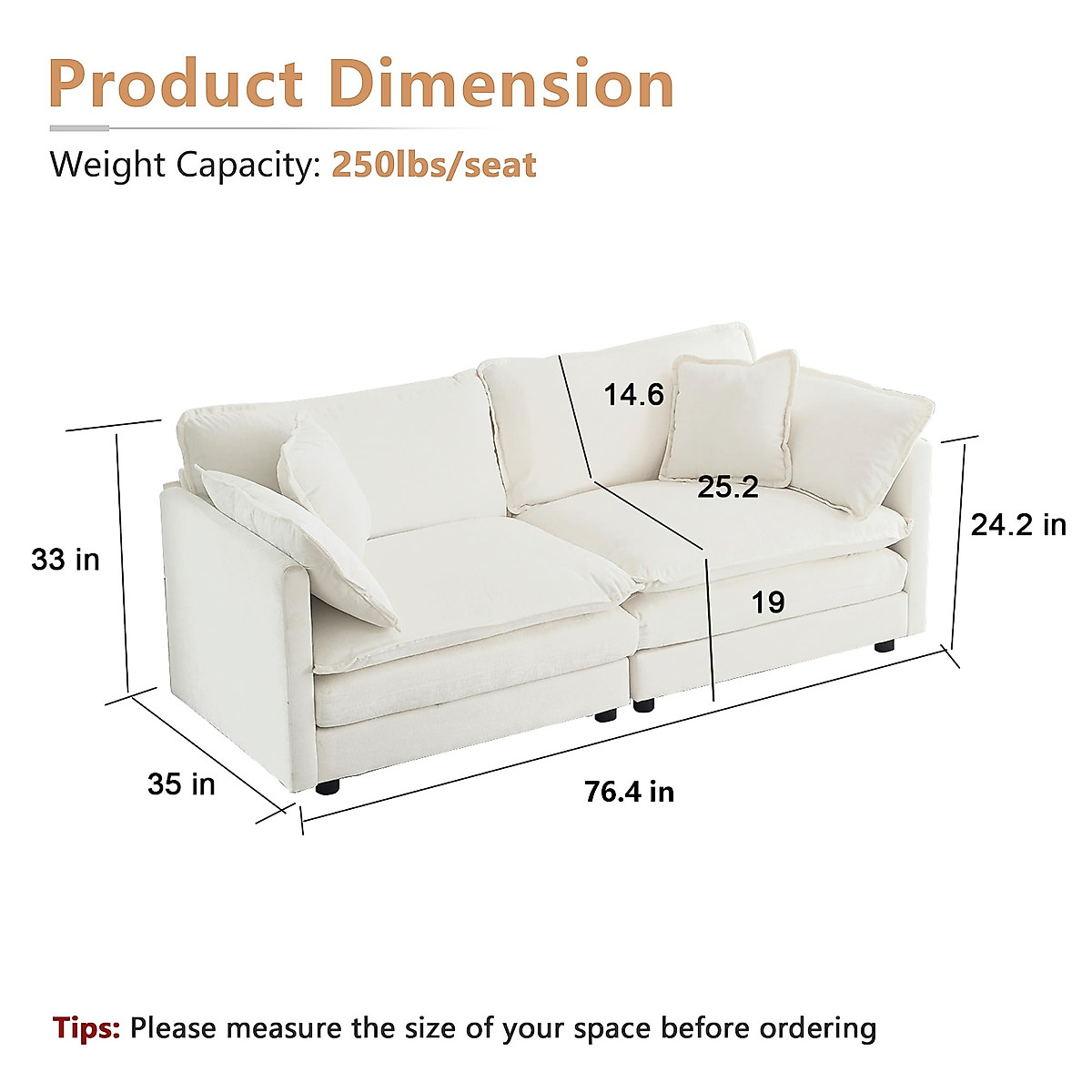 mikibama Luxury Loveseat Sofa Couch, 76" Modern Chenille Deep 2-Seater Cloud Couch with 2 Armrest Pillows and 2 Toss Pillows, Love Seat for Living Room Bedroom Office Apartment, Beige