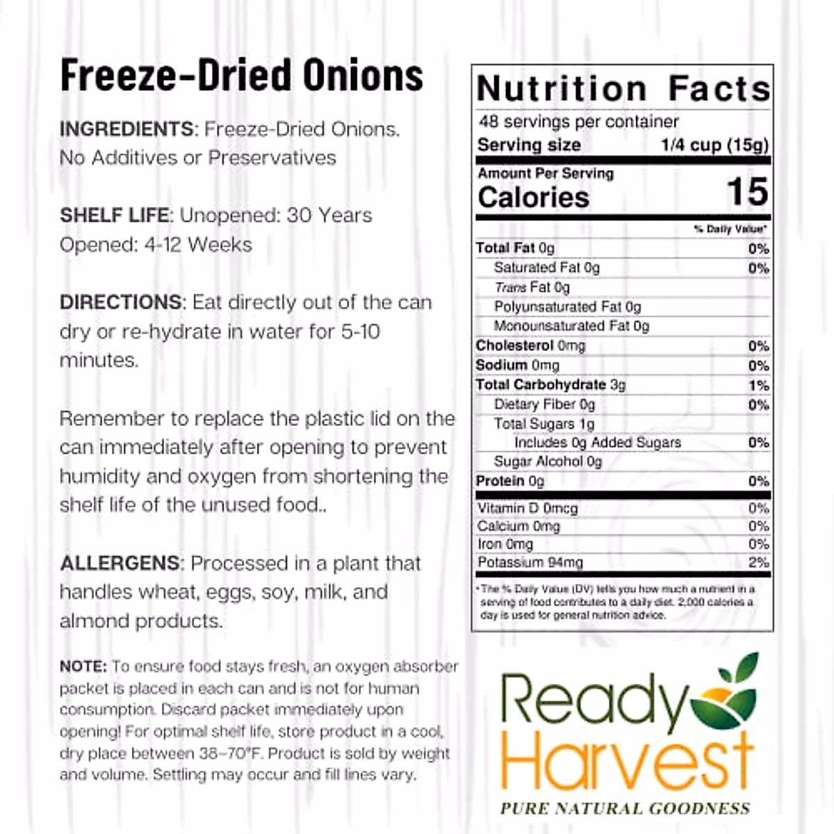 Ready Harvest Freeze-Dried Yellow Onions Freeze-Dried Food Dried Onions Minced Emergency Food Supplies Survival Food Emergency Food Rations #10 Can 25-Year Shelf Life 11.34 oz