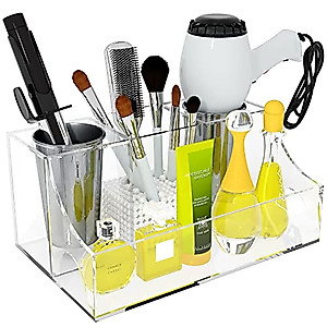 XQIGI Hair Tool Organizer, Acrylic Hair Dryer Styling Organizers,Clear Bathroom Blow Dryer Stand Holder with 2 Cups and Pearls, Countertop Storage for Toiletry Accessories Brushes(Clear)