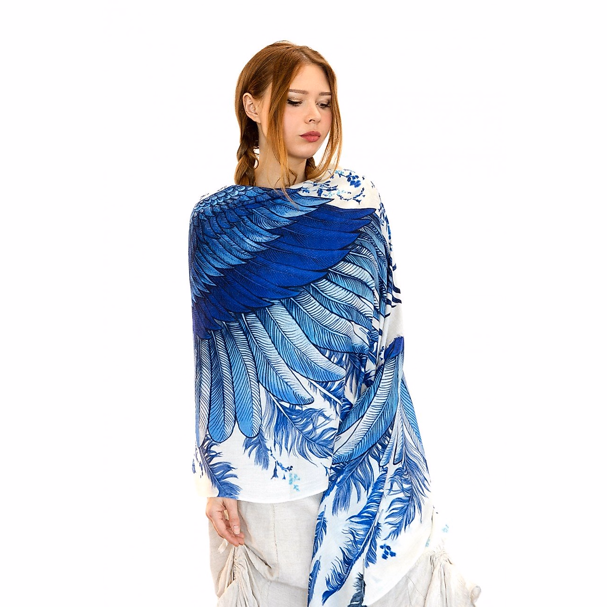 Pure Silk Wearable Artistic Hand Painted Bird Wing Feather Scarf (Blue Wings)