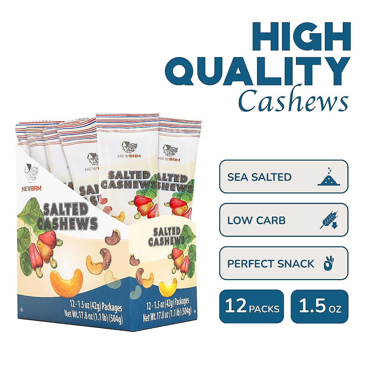 NEWBAM Lightly Salted Cashews Individual Packs - 12 Cashew Snack Packs Roasted Nuts (1.5oz Each) – Keto, Vegan, Gluten-Free - Healthy Snacks for Trail Mix, Office, or Party - Zero Sugar