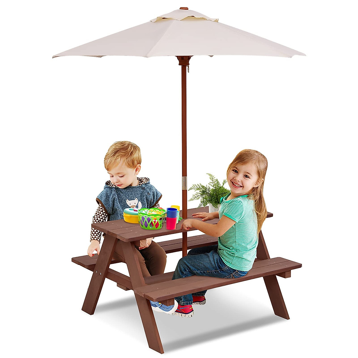 Olakids Kids Picnic Table, Outdoor Toddler Wooden Table and Chair Set with Removable Umbrella, Children Activity Furniture Bench Set for Patio Garden Backyard