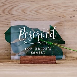 Acrylic Reserved Sign with Wood Stand- 5” x 7" Clear Acrylic Reserved For Brides Family Sign | Table Decoration Signs with Holder for Wedding Reception & Event Party Table Centerpiece Decoration