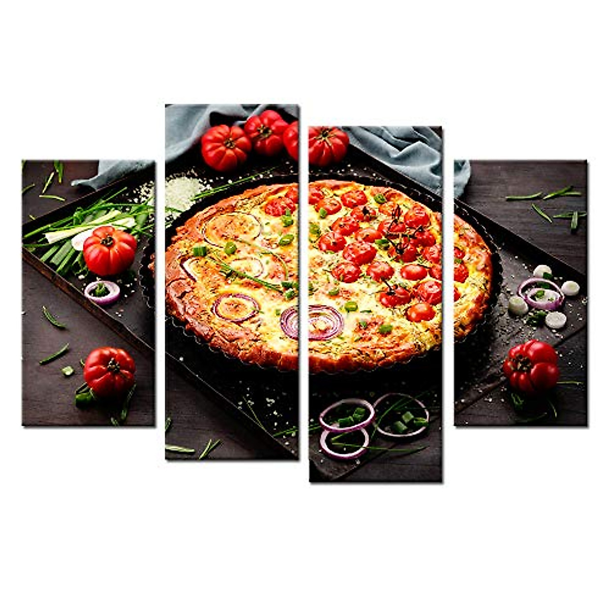 iKNOW FOTO Canvas Prints Wall Art 4 Panel Delicious Italian Pizza Served on Wooden Table Food Pictures Modern Home Decor Stretched Gallery Canvas Wraps Giclee Print for Kitchen Dinning Room Restaurant