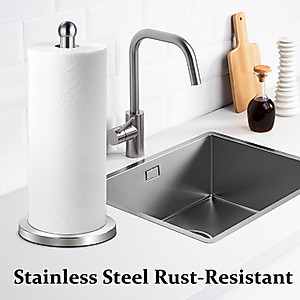 DAWNER Paper Towel Holder for Countertop, Easy One-Handed Tear, Stainless Steel, Weighted Base with Suction Cups, Non-Slip Paper Towel Stand for Kitchen, Bathroom, Brushed Nickel