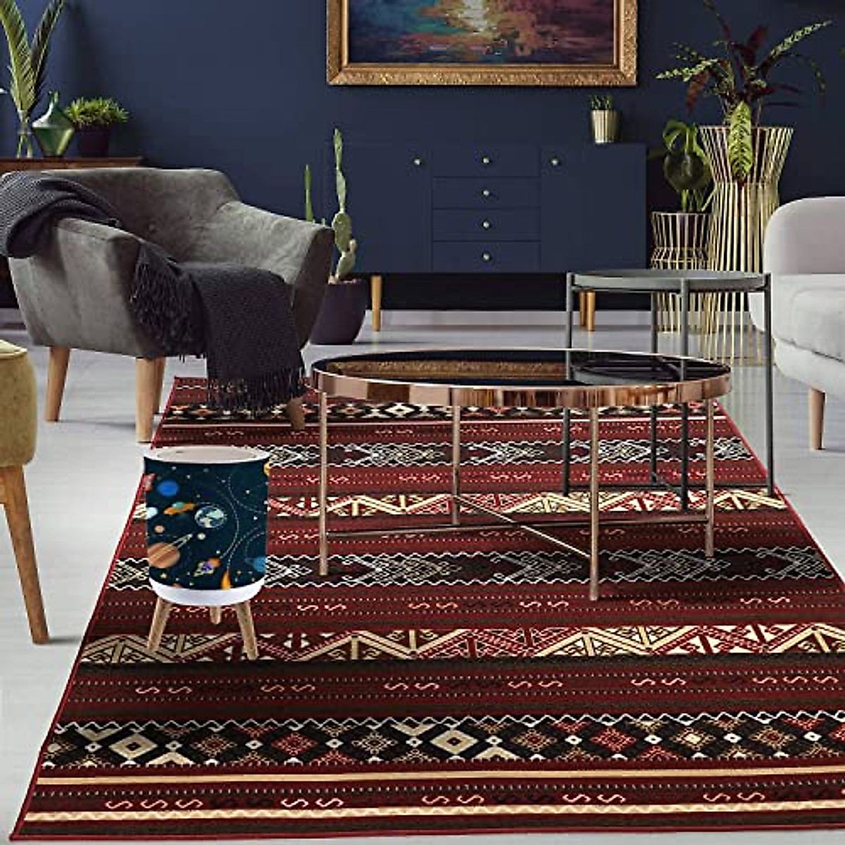 CAKOJV188 Round Trash Can with Press Lid Space Theme Solar System Kids Cartoon Planet Seamless Rocket UFO Small Garbage Can Trash