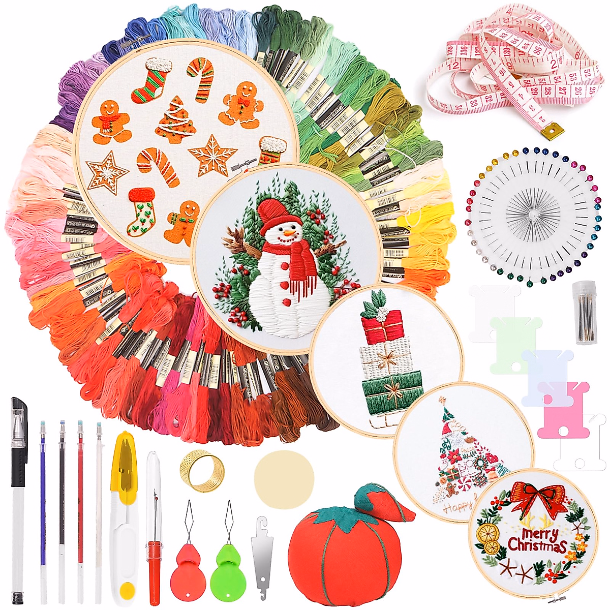 Swpeet 212Pcs Embroidery Kit, Stitch Kits Include 100 Colors Threads, Aida Cloth, Sewing Pins, Floss Bobbins, Embroidery Needles, Bamboo Embroidery Hoops, The Shell of a Pen with Erasable Refill