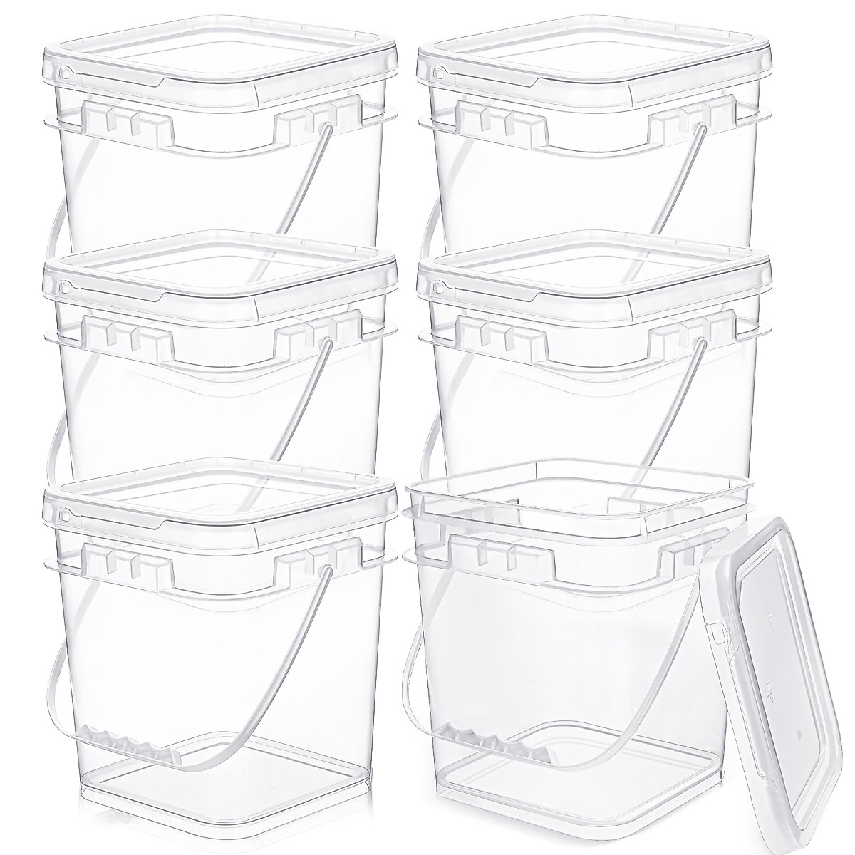 Domensi 6 Pcs Clear Square Bucket with Lid Food Buckets Ice Cream Plastic Buckets with Handle Reusable Freezer Containers Industrial Pails for Paint Storage for Kitchen Home(1.5 Gallon)