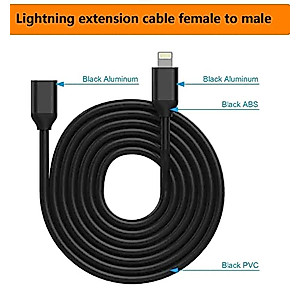 for iPhone Charger Extension Cable,6FT Lightning Extender Dock Cable Compatible with iPhone 14 Pro 13 Pro Max 12 11 X XR 8 7 6 Male to Female Cable Extension Adapter Cord Pass Video,Data,Audio (Black)