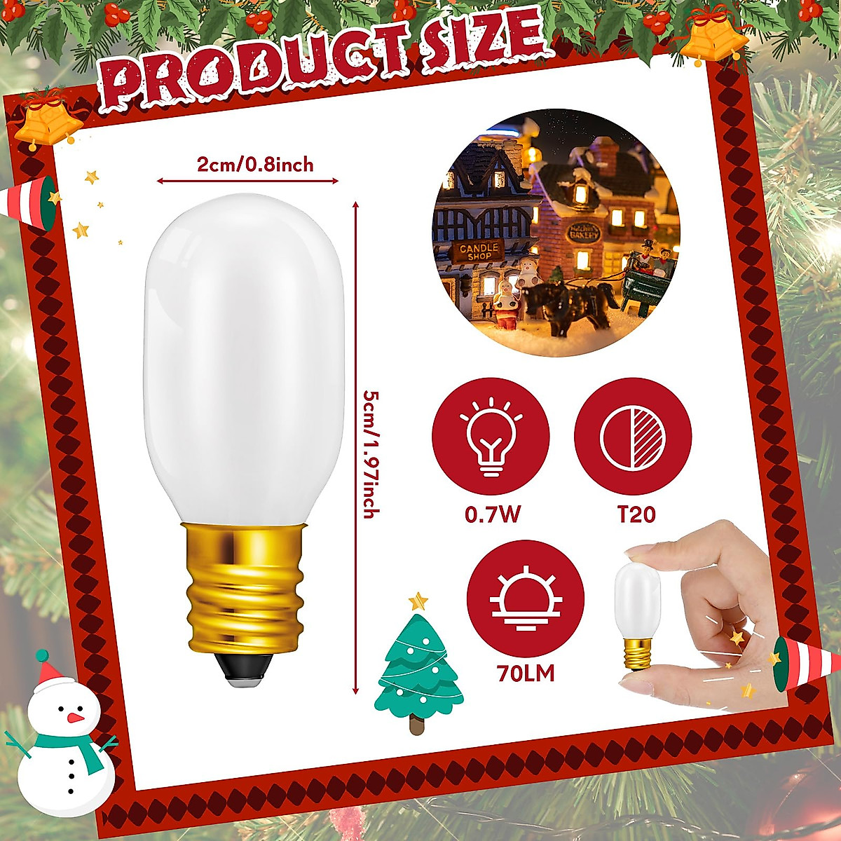 Retisee Christmas Village Light Bulbs, 0.7W 120V Christmas Village Replacement Light Bulbs, E12 Base T20 LED Night Bulbs Accessory for Christmas House Replacement Bulbs Accessories (6 Pcs)