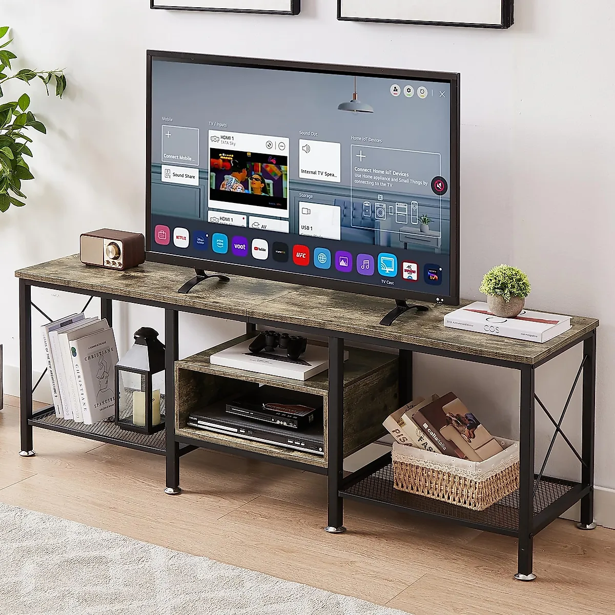 VECELO Industrial TV Stand for 75 Inch Television Cabinet 3-Tier Console with Open Storage Shelves, Entertainment Center Metal Frame for Living Room, Bedroom, 70 Inch, Grey