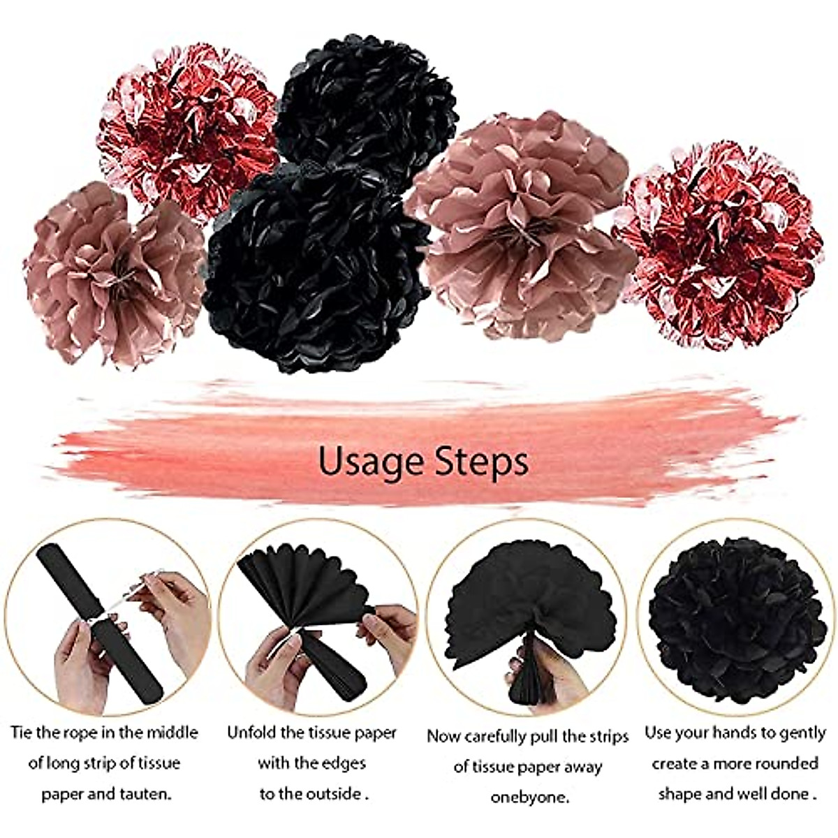 Black Rose Gold Birthday Party Decorations for Women Girls, 78 Pack Black Rose Gold Confetti Balloons, Curtains, Paper Flowers, Hanging Swirl and Circle Dot Garland for Girl Women