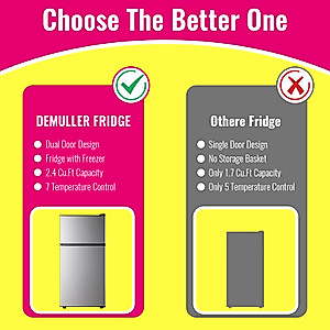 DEMULLER 2.4 Cu.ft Mini Fridge with Top Freezer Apartment Size Dual Door Compact Refrigerator for Personal Use Small Fridge with Egg tray, 7 Temperature Control For Dorm, Silver
