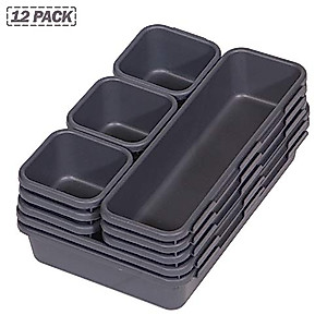 Set of 12 Interlocking Desk Drawer Organizer Tray Dividers Plastic Shallow Narrow Drawers Organizers Separators and Storage Bins Container for Kitchen Bathroom Makeup Office Vanity Bedroom Dresser