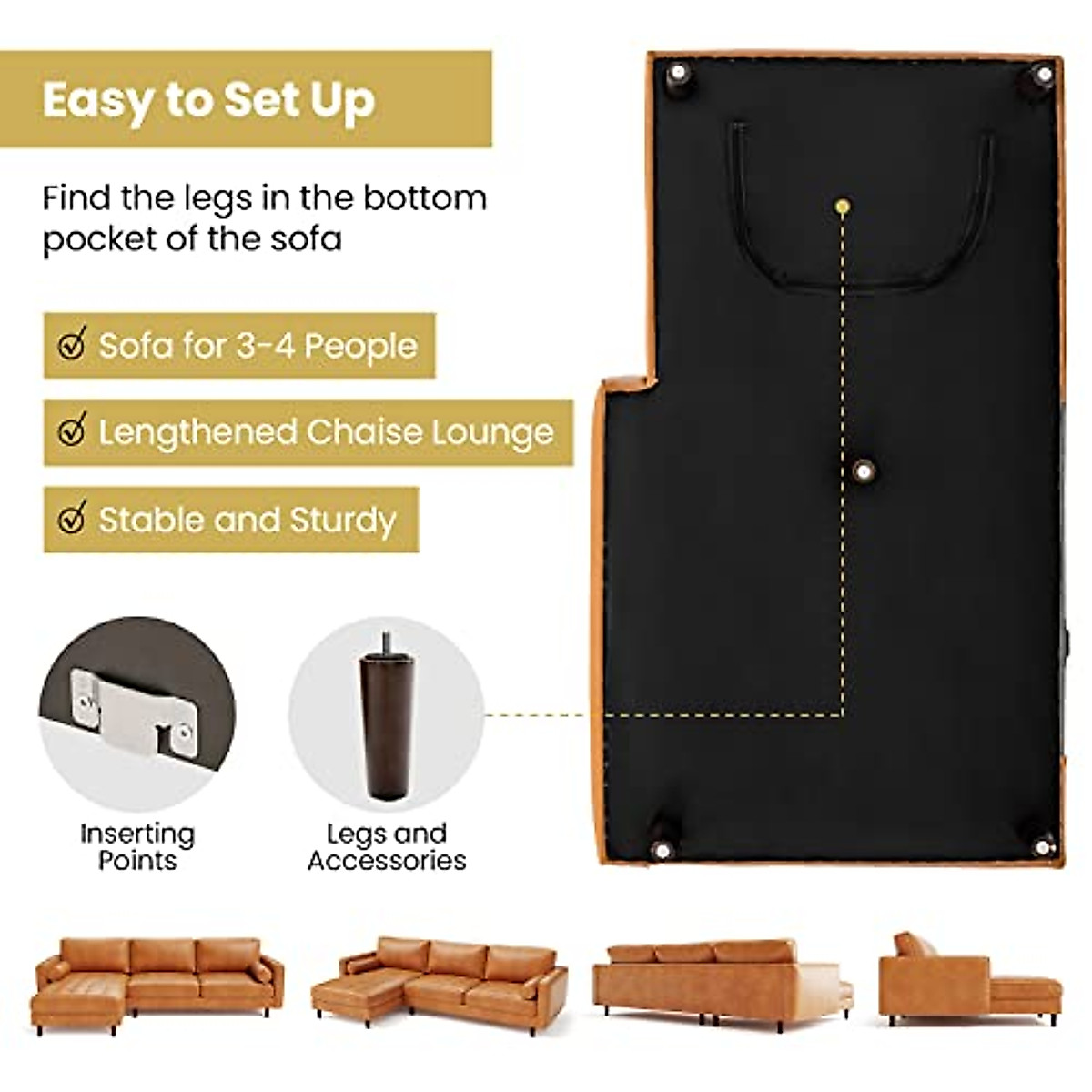 Giantex Sectional Sofa Couch with Chaise Lounge, L-Shaped 3-Seat Sofa Sleeper, CertiPUR-US Sponge Air Leather, 9 Birch Wood Legs, Backrest and Bolsters, for Living Room Apartment Office Easy Assembly