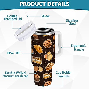 ARGTILDN 40 oz Tumbler Bread Cookie Cupcakes Insulated Travel Mug with Handle and Straw Lid Stainless Steel Vacuum Coffee Cup Tea Beverage Container Water Bottles for Car Sports office