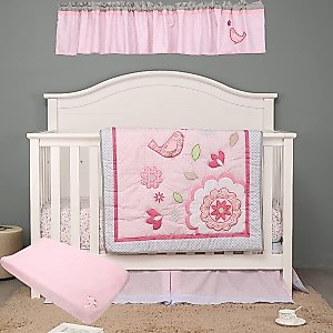 5 PCs Pink Floral Nursery Crib Bedding Set Embroidery Birds Flower Baby Girl Cot Bedding Set Quilt + Fitted Sheet + Skirt + Window Valance + Changing Pad Sheet