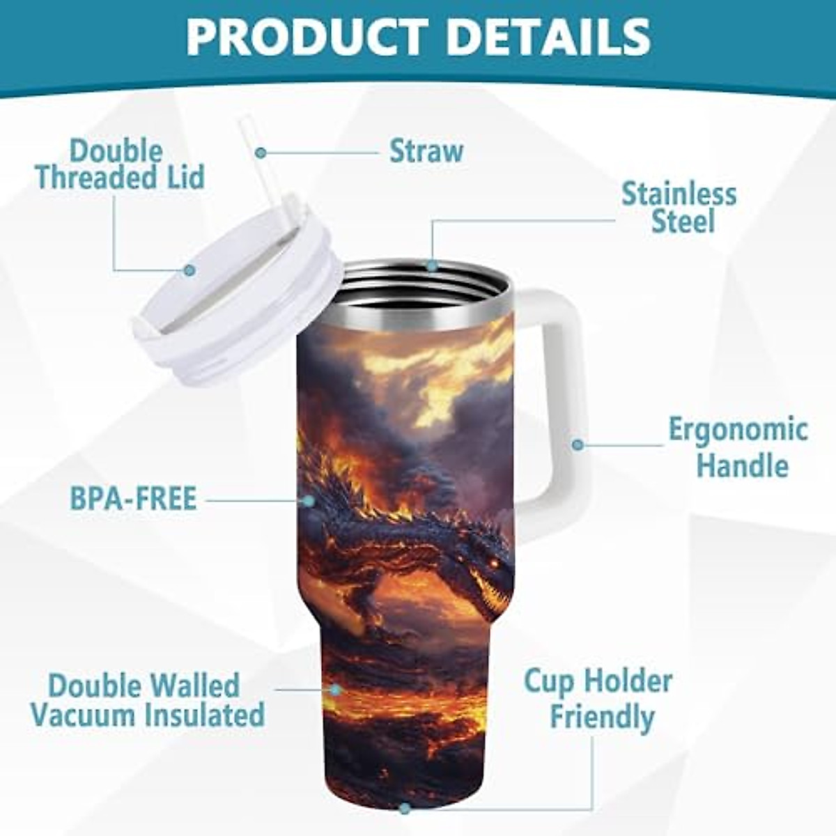 Slewiaeky Tumbler with Handle 40 oz Forest Dinosaur Cartoon T Rex Travel Mug with Lid and Straw Stainless Steel Vacuum Insulated Water Bottle Cup for Iced Tea Coffee Cold Beverages Cup Holder Friendl