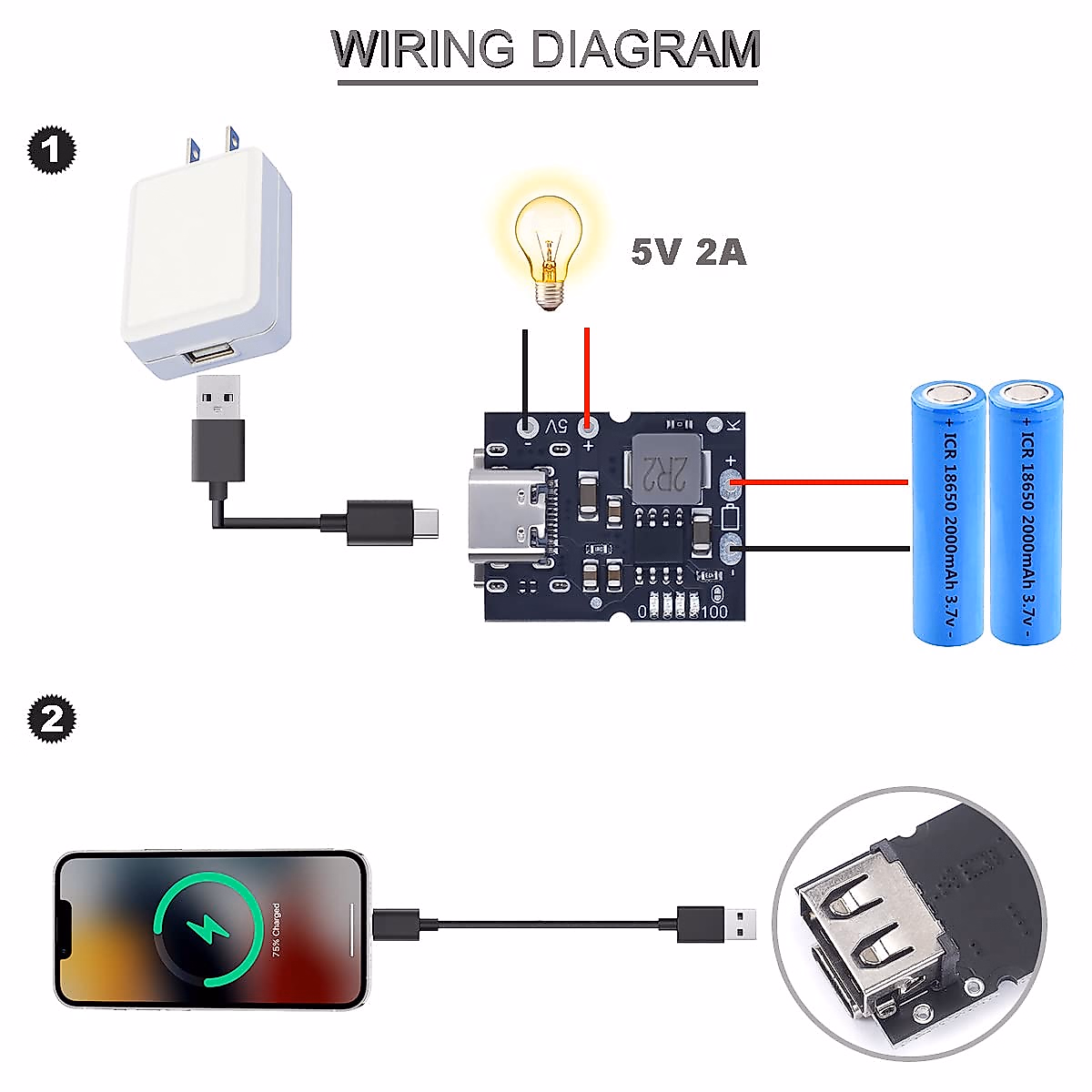 DKARDU 10 pcs Type-C USB 5V 2A Boost Converter Module Step-Up Power Module LED Display Charge and Discharge Integrated Lithium Battery Charging Protection Board with Type-C to USB Cable