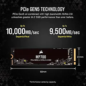 Corsair MP700 2TB PCIe Gen5 x4 NVMe 2.0 M.2 SSD – High-Density TLC NAND – Aluminum Heatsink – M.2 2280 – DirectStorage Compatible – Up to 10,000MB/sec – PCIe Gen4 & Gen3 Backwards Compatible – Black