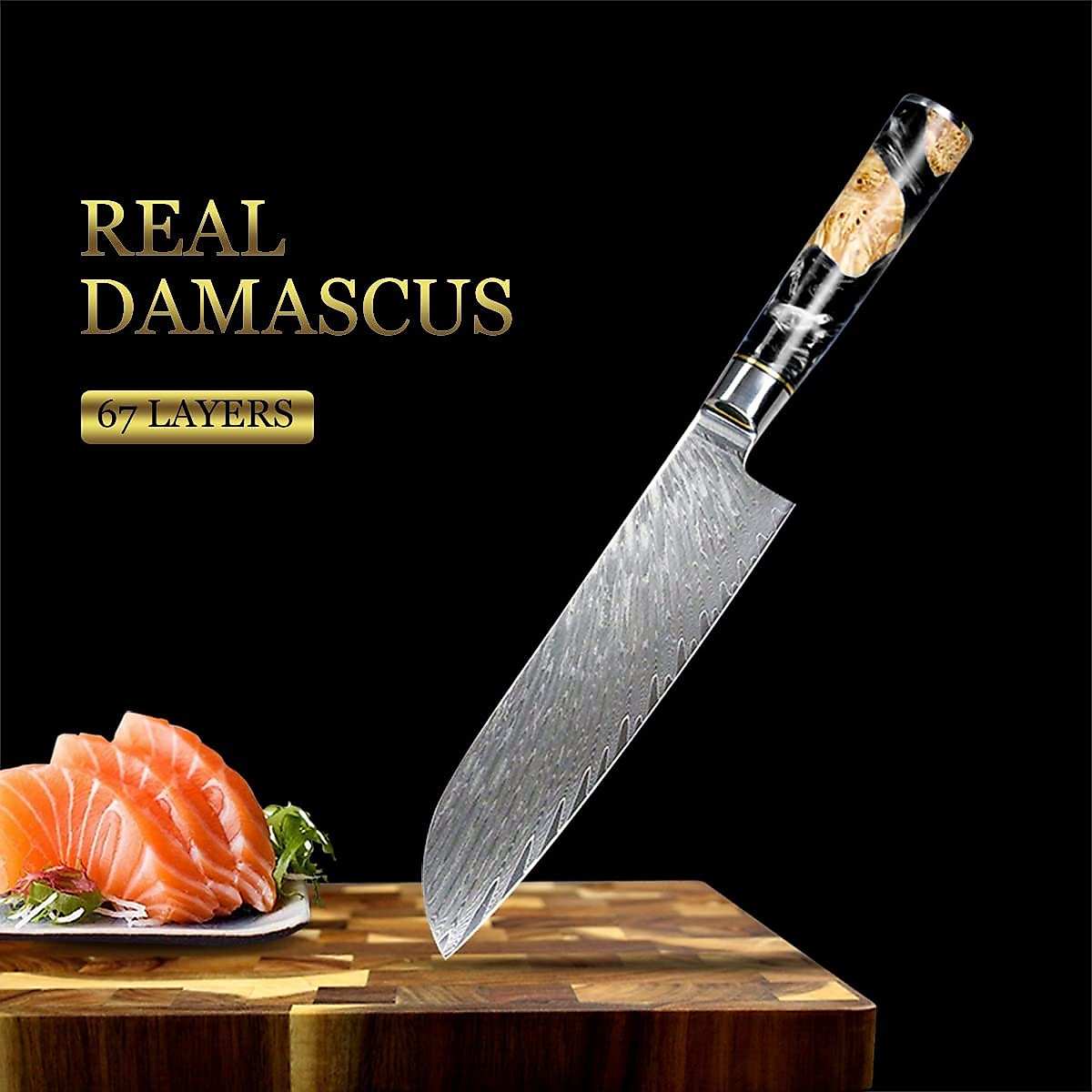 Chef's Meat Cutting Knife 7 Inch Japanese Damascus Steel Sande Knife Kitchen Cutting Meat Vegetables and Fruits Tools Resin Wooden Handle By BIEMBI